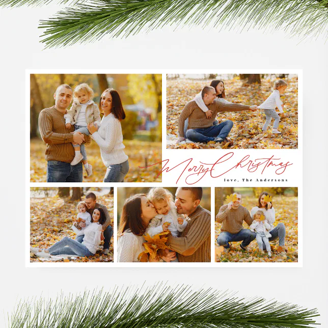 red modern 6 multi Photo Collage merry christmas Holiday Card | Zazzle