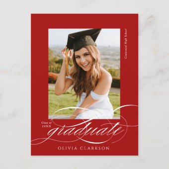 Red Modern Elegant Script Photo Graduation Party Postcard | Zazzle