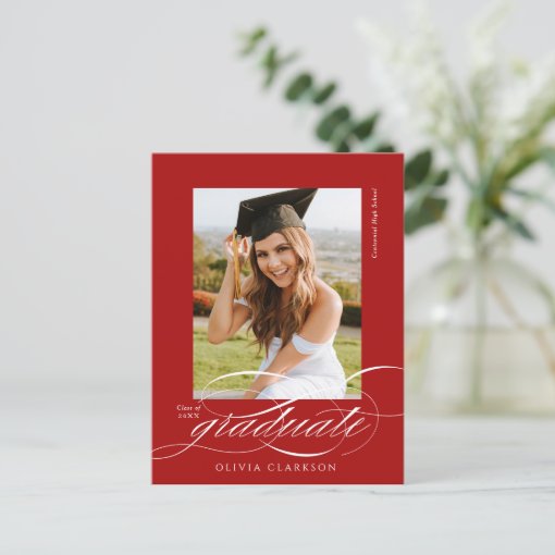 Red Modern Elegant Script Photo Graduation Party Postcard | Zazzle