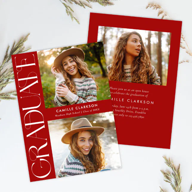Red Modern Elegant Three Photo Graduation Invitation | Zazzle