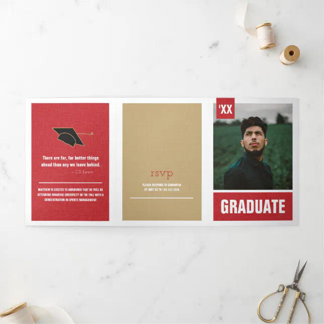 Red Modern Textured Photo Graduation Tri-Fold Invitation | Zazzle