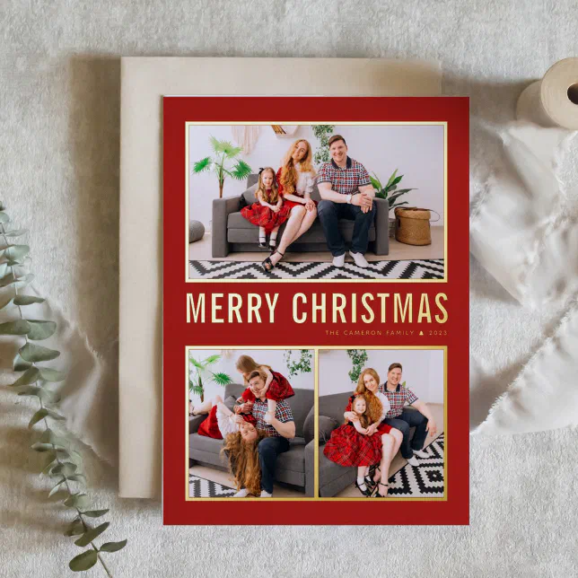 Red Modern Typography Christmas Three Photo Foil Holiday Card | Zazzle