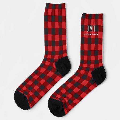Red Monogram Buffalo Plaid Socks | Zazzle