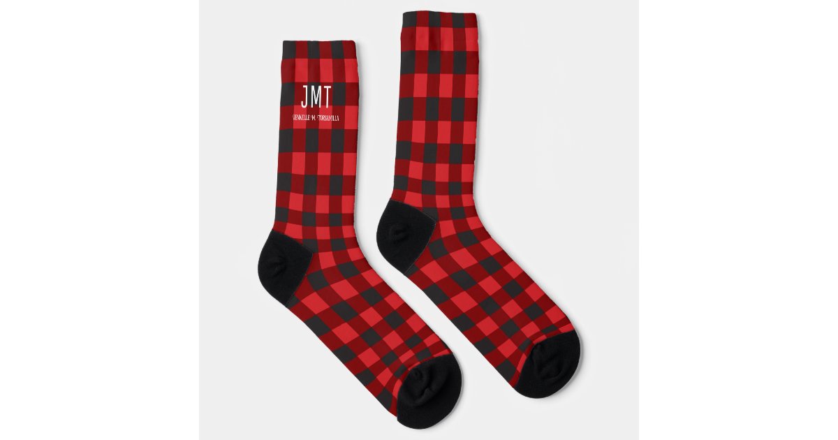 Red Monogram Buffalo Plaid Socks | Zazzle