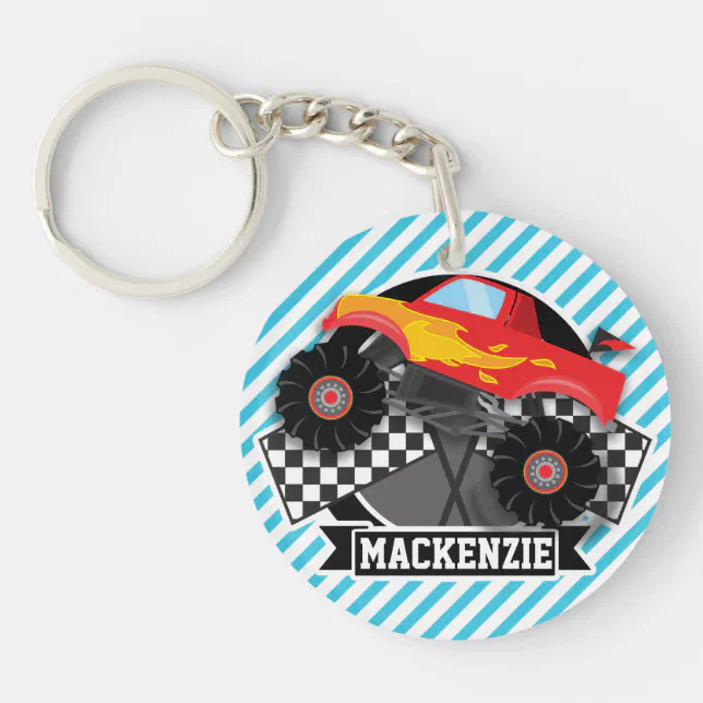 Red Monster Truck; Checkered Flag; Blue Stripes Keychain | Zazzle