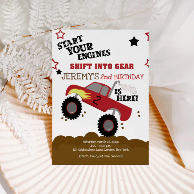 Red Monster Truck Start Your Engines Birthday Invitation | Zazzle