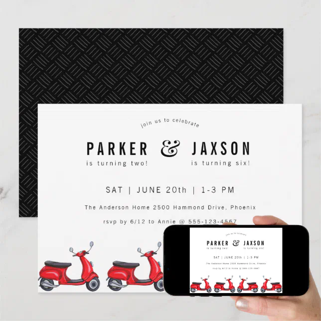 Red Moped Scooter Theme Joint Birthday Invitation | Zazzle