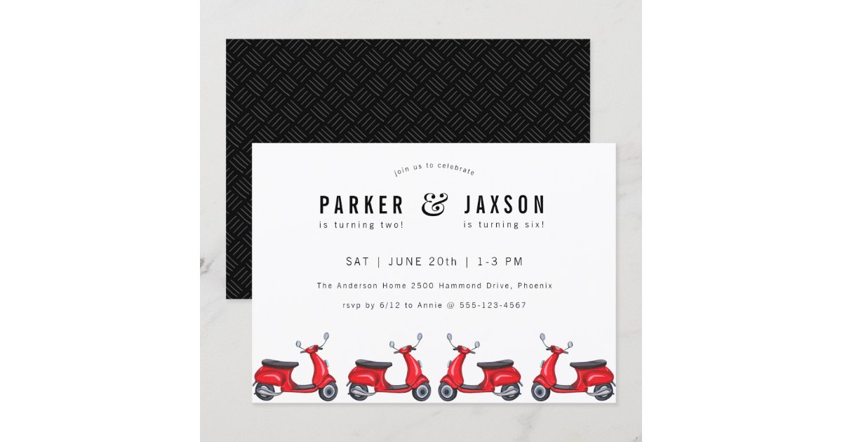 Red Moped Scooter Theme Joint Birthday Invitation | Zazzle