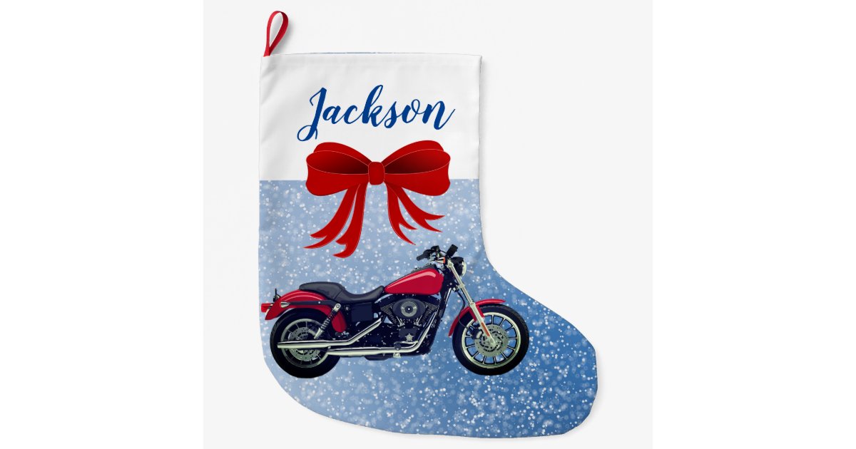Red Motorcycle and Snow Large Christmas Stocking | Zazzle