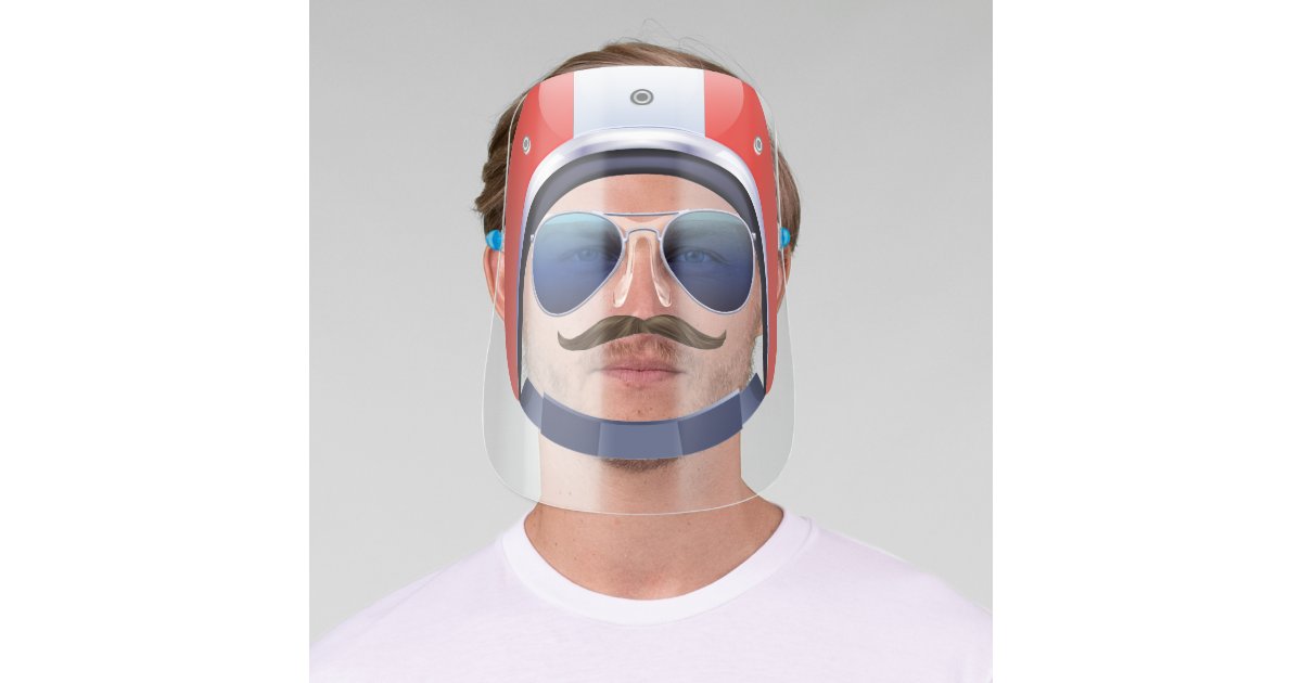 Red Motorcycle Helmet, Sunglasses & Mustache Face Shield | Zazzle