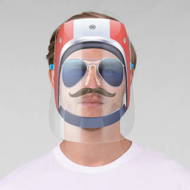 Red Motorcycle Helmet, Sunglasses & Mustache Face Shield | Zazzle
