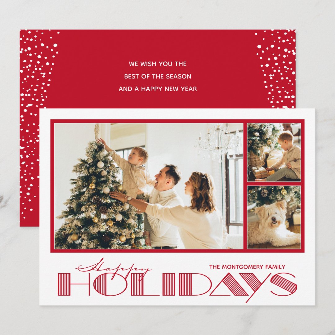 Red Multiple Photo Happy Holiday Card | Zazzle