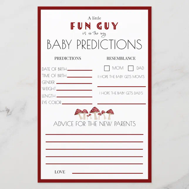 Red Mushroom Fun Guy Baby Shower Prediction Game | Zazzle