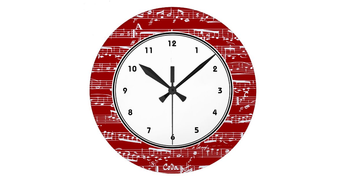 Red musical notes wall clock with numbers | Zazzle.com