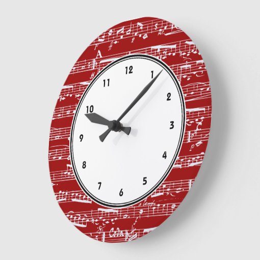 Red musical notes wall clock with numbers | Zazzle