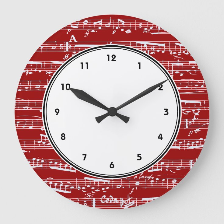 Red musical notes wall clock with numbers | Zazzle