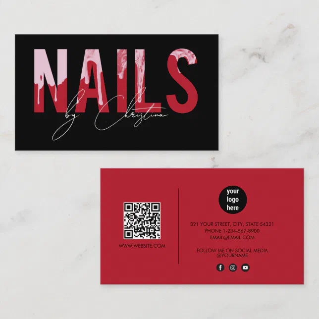 Red Nails Drip Nail Art Manicure QR Code Business Card | Zazzle
