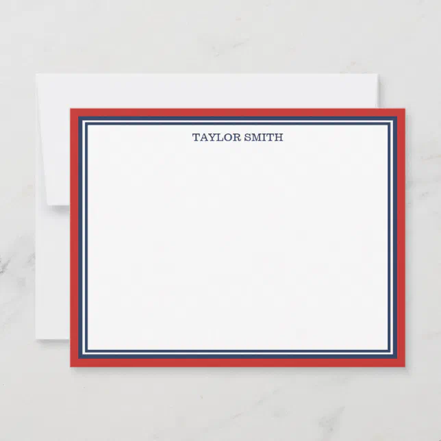 Red & Navy Blue Borders Add Your Name Note Card | Zazzle
