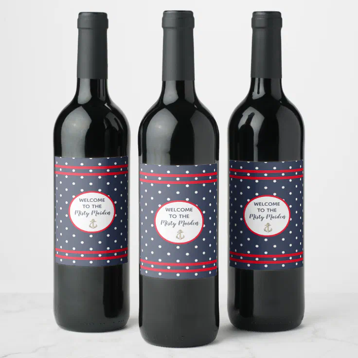 Red, Navy Blue White Polka Dots Nautical Wine Label | Zazzle