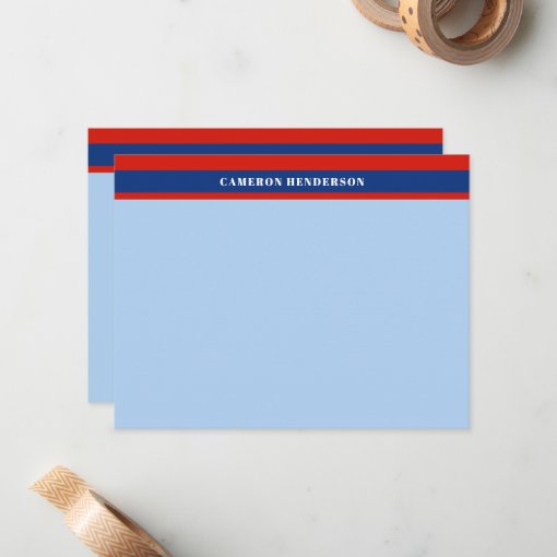 Red Navy Light Blue Stripes Add Your Name Note Card | Zazzle