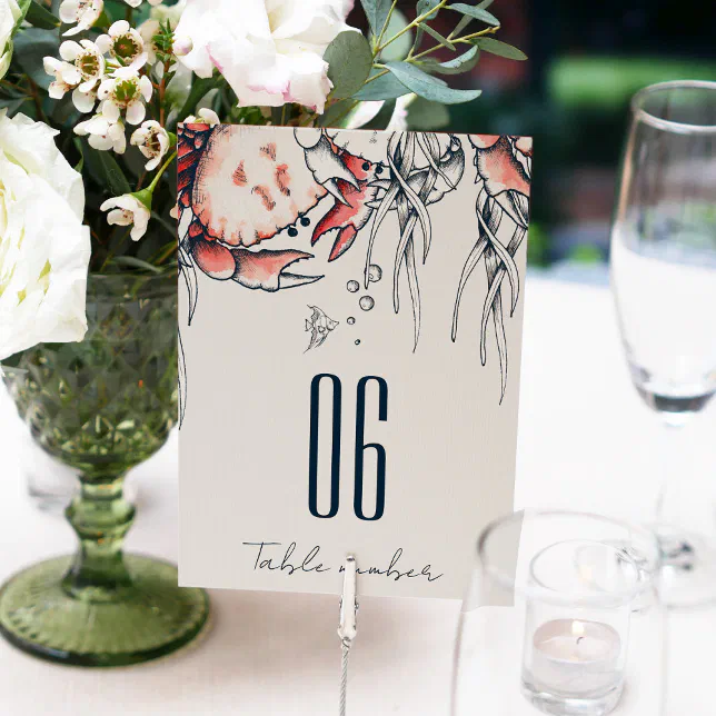 Red Navy Underwater Crab Coral Nautical Wedding Table Number | Zazzle