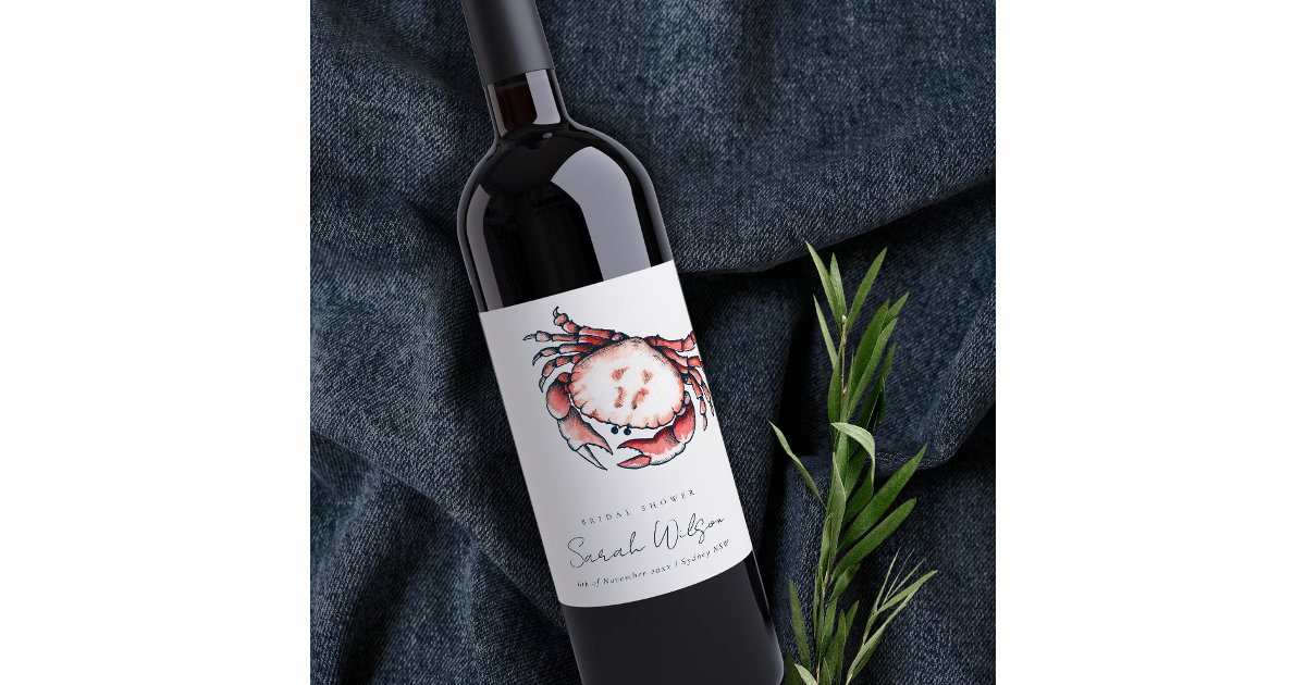 Red Navy Underwater Crab Nautical Bridal Shower Wine Label | Zazzle