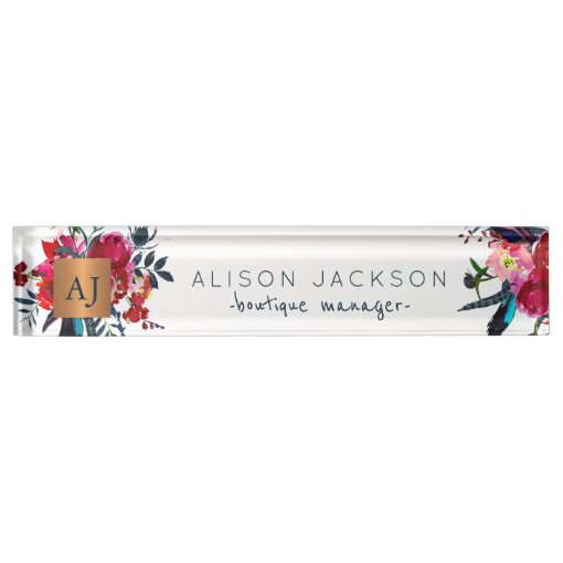 Red navy watercolor floral gold copper monogrammed desk name plate | Zazzle