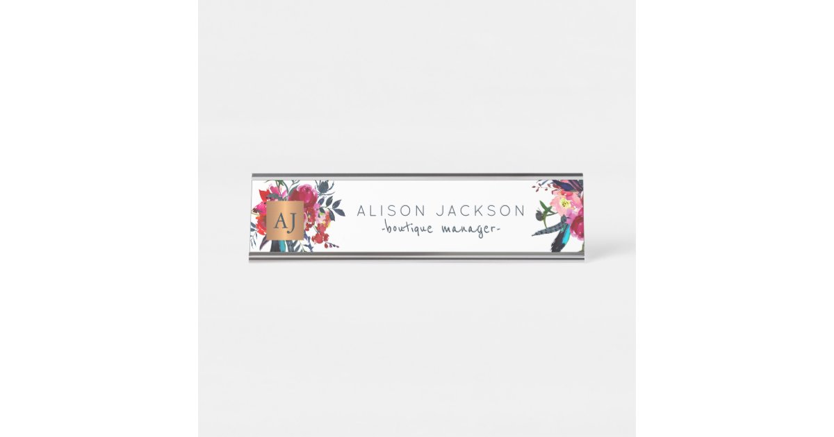 Red navy watercolor floral gold copper monogrammed desk name plate | Zazzle