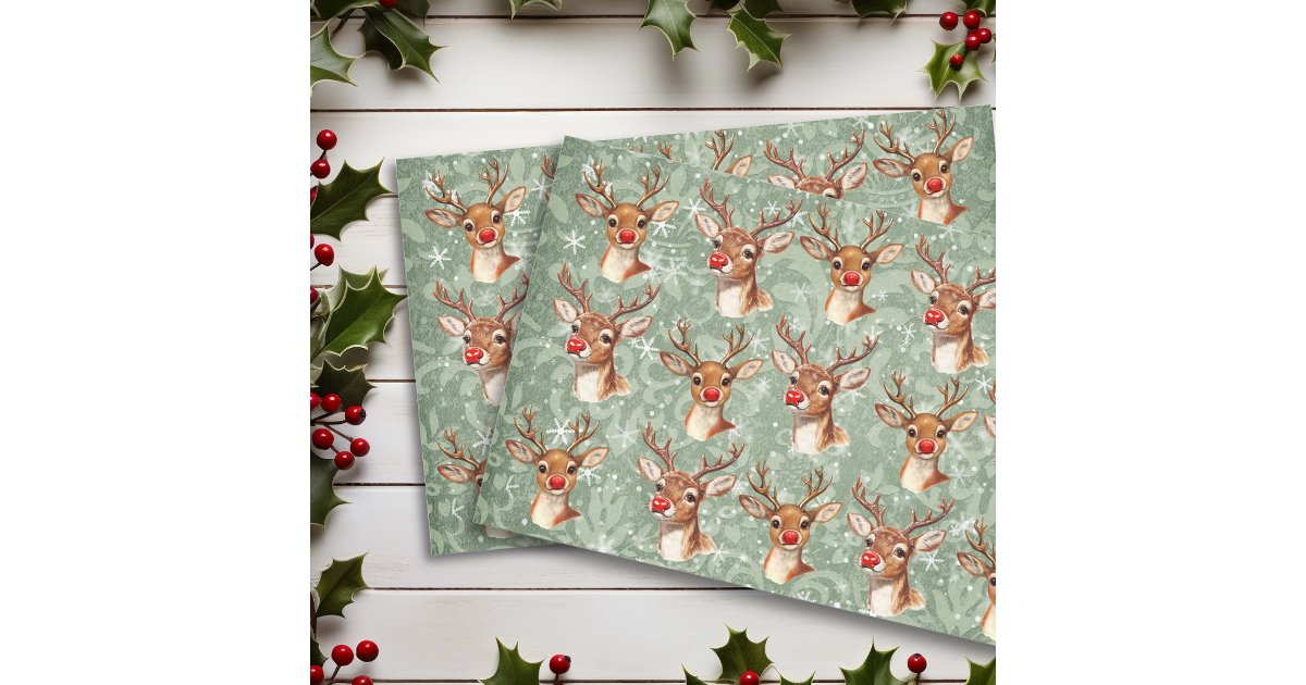 Red Nosed Reinder Decoupage Vintage Damask Tissue Paper | Zazzle