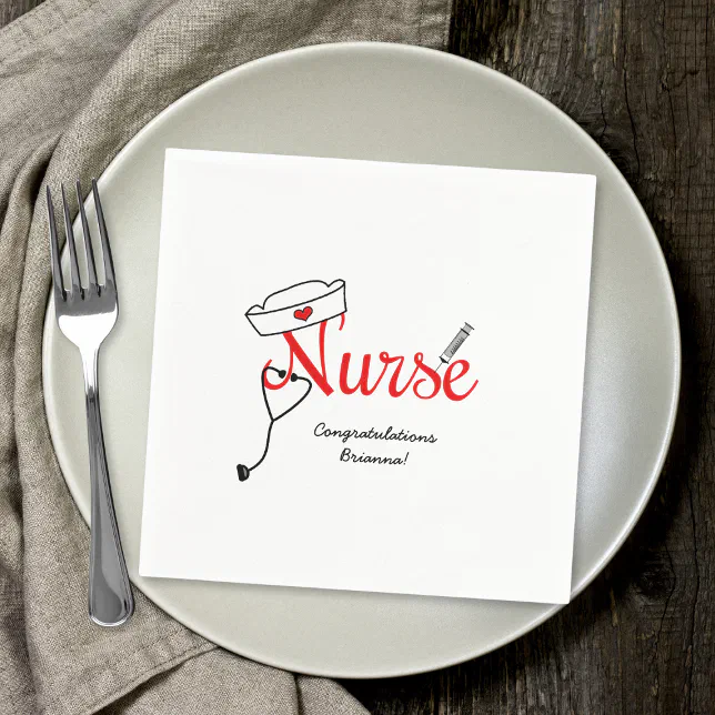RED Nurse graduation dinner decor BSN RN LPN Napkins | Zazzle