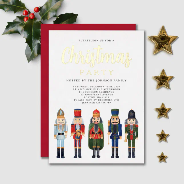 Red Nutcracker Christmas Party Gold Foil Invitation Zazzle