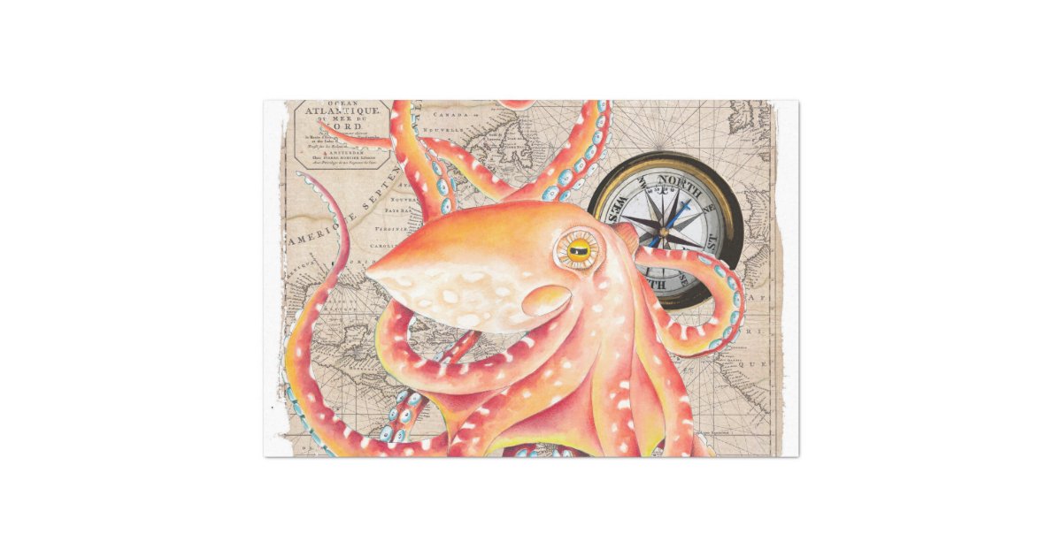 Red Octopus Compass Beige Vintage Map Nautical Tissue Paper | Zazzle