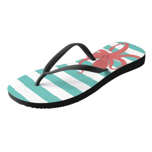 Red octopus modern beach white teal striped flip flops | Zazzle