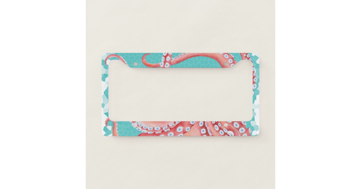 Red Octopus Teal stained glass License Plate Frame | Zazzle