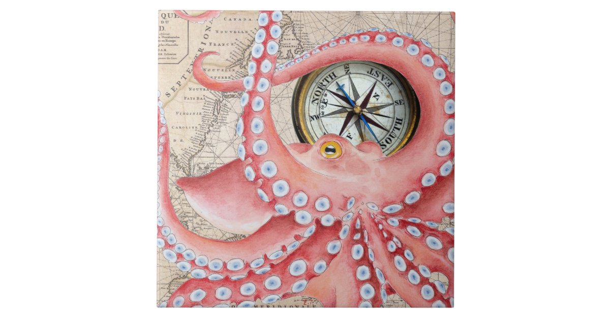 Red Octopus Vintage Map Compass Ceramic Tile | Zazzle