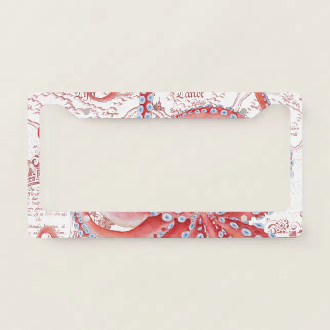 Red Octopus Vintage Map White License Plate Frame | Zazzle