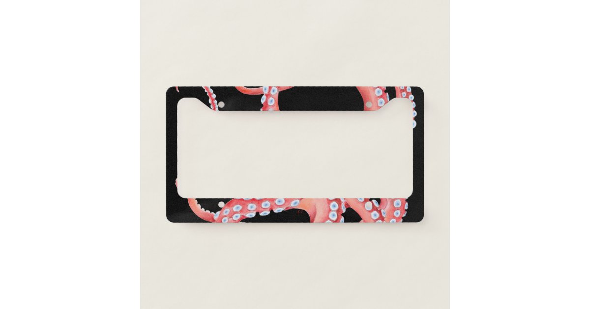 Red Octopus Watercolor On Black License Plate Frame | Zazzle