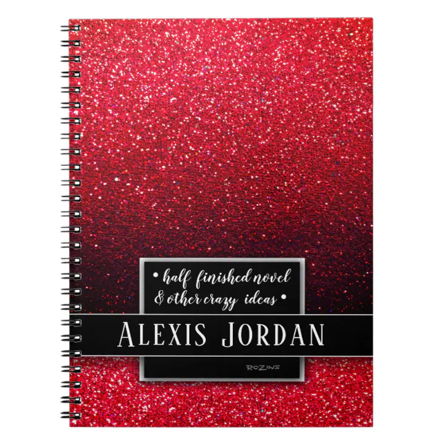 Red Ombre Glitter Sparkles Black White Monogram Notebook | Zazzle