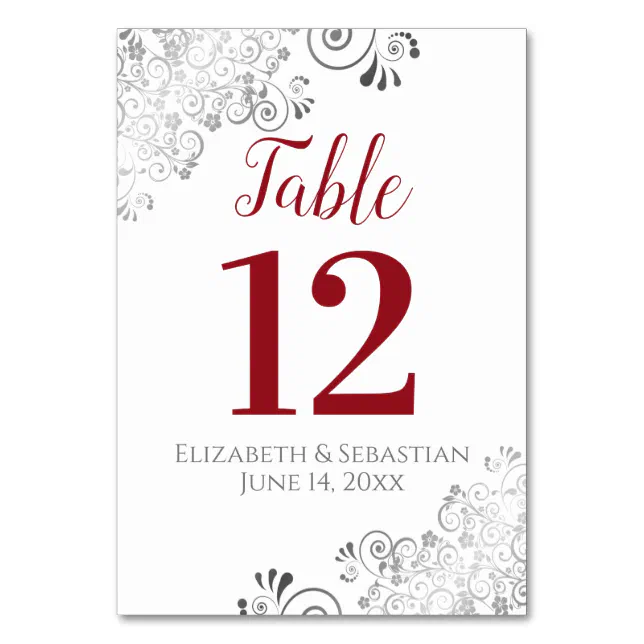 Red on White Elegant Frilly Wedding Table Number | Zazzle