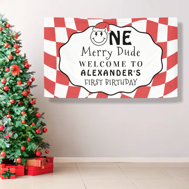 Red One Happy Dude Christmas 1st Birthday Party Banner | Zazzle