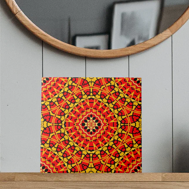 Red & Orange Oriental Boho Geometric Pattern Ceramic Tile | Zazzle