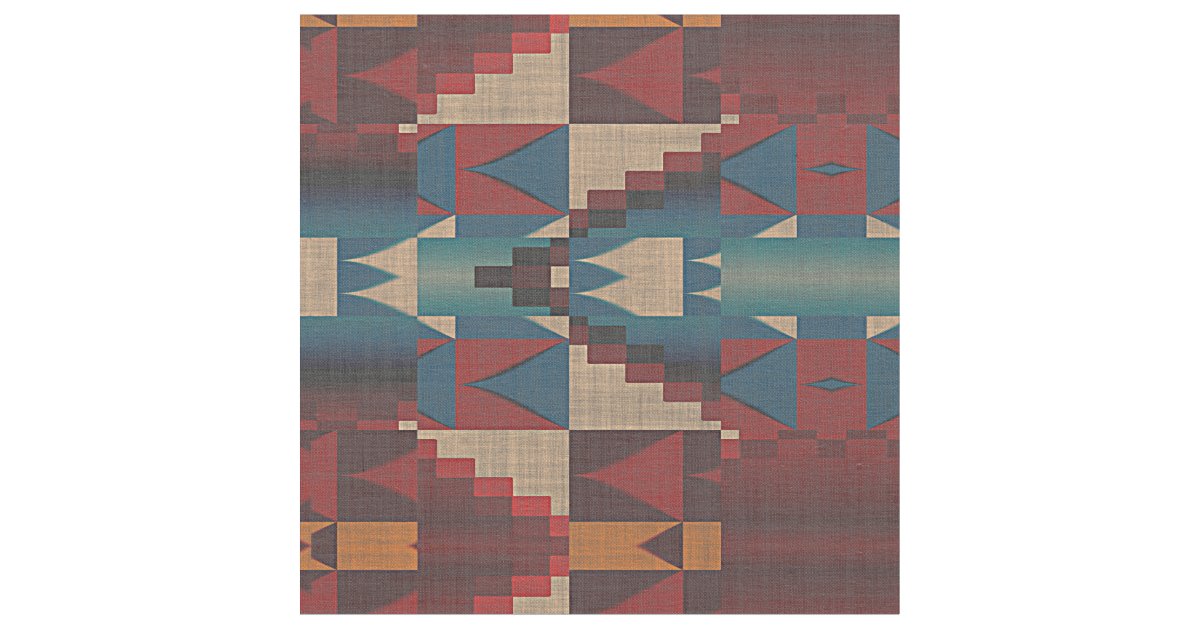 Red Orange Teal Blue Taupe Brown Ethnic Look Fabric | Zazzle