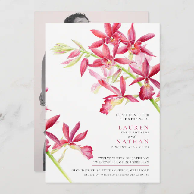 Red orchid watercolor botanical wedding photo invitation | Zazzle