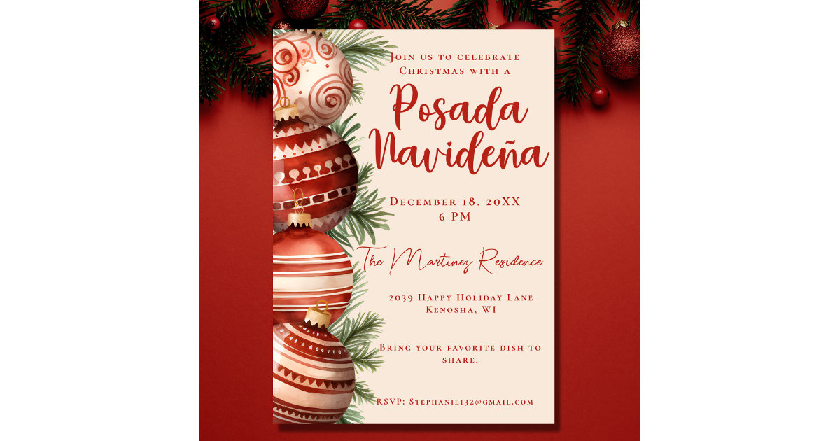 Red Ornament Festive Mexican Posada Navideña Invitation | Zazzle