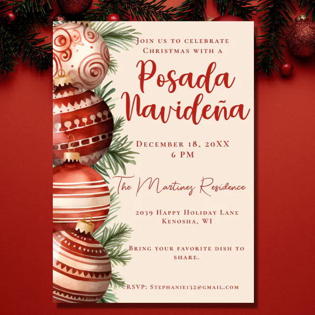 Red Ornament Festive Mexican Posada Navideña Invitation | Zazzle