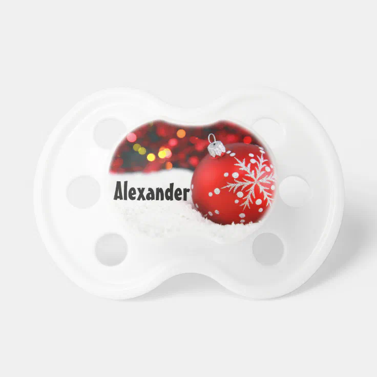Red Ornament Snow Personalized Christmas Pacifier | Zazzle
