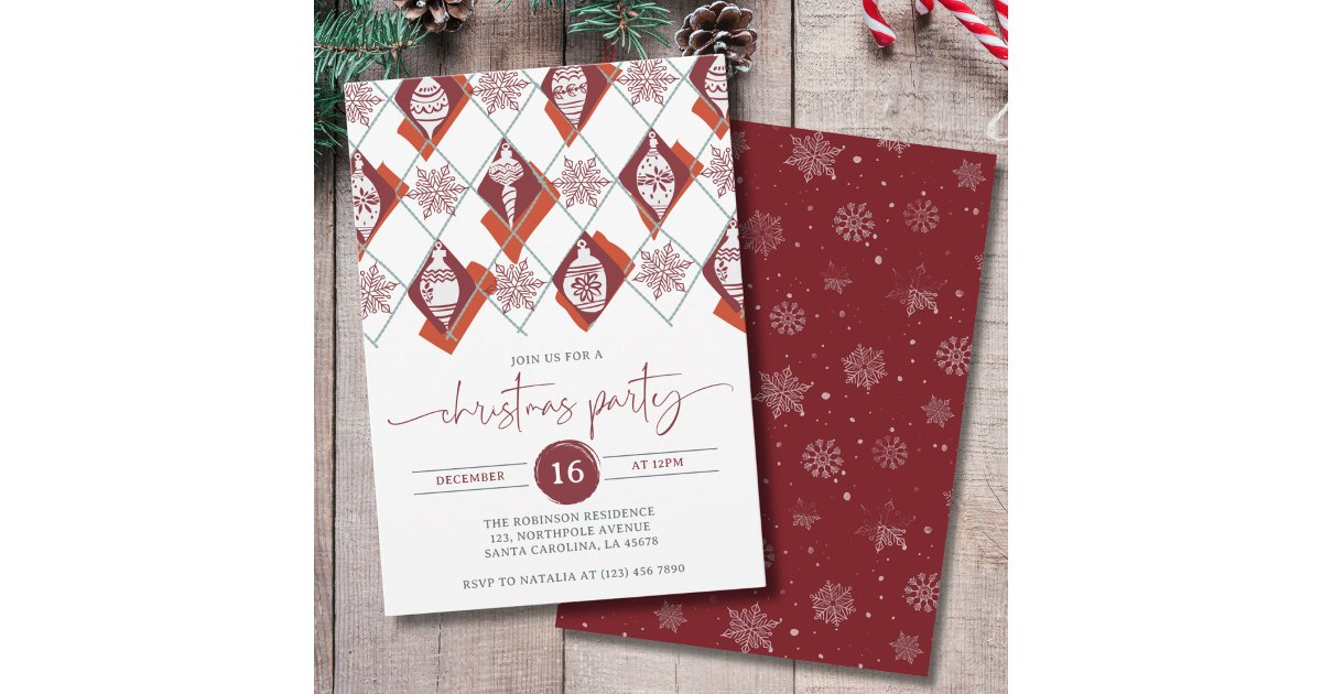 Red Ornaments Snowflakes Christmas Party Invitation | Zazzle