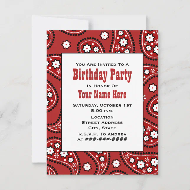 Red Paisley Bandana Inspired Birthday Invitation | Zazzle