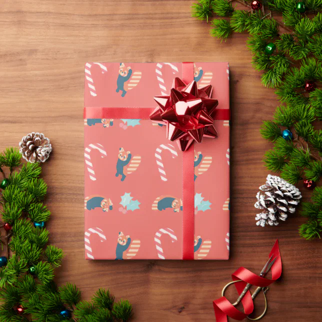 Red Panda & Candy Cane Red Wrapping Paper | Zazzle