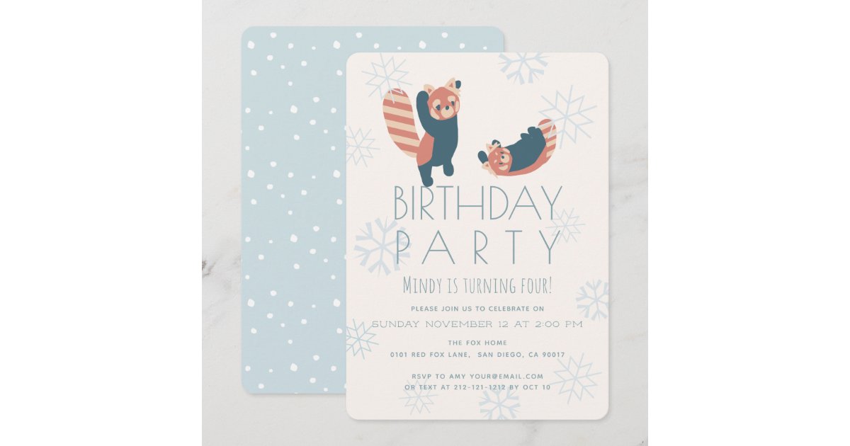 Red Pandas Snowflake Birthday Party Invitation | Zazzle